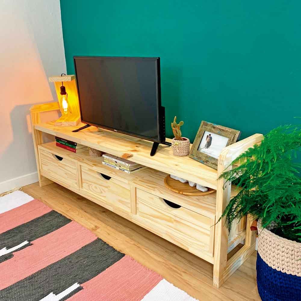 Rack de TV de Madeira Pinus Linea com 3 Gavetas Natural
