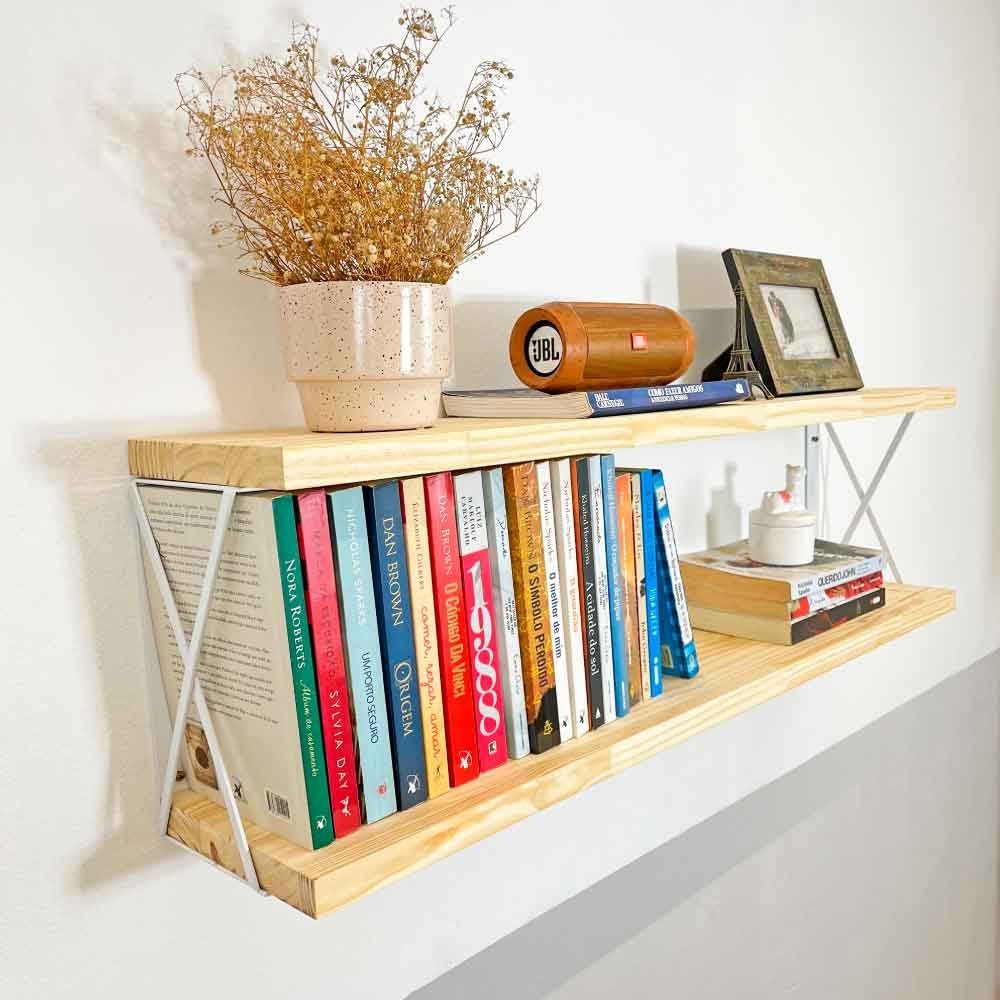 Prateleira Dual de Ferro e Madeira 100cm Industrial Natural e Branco