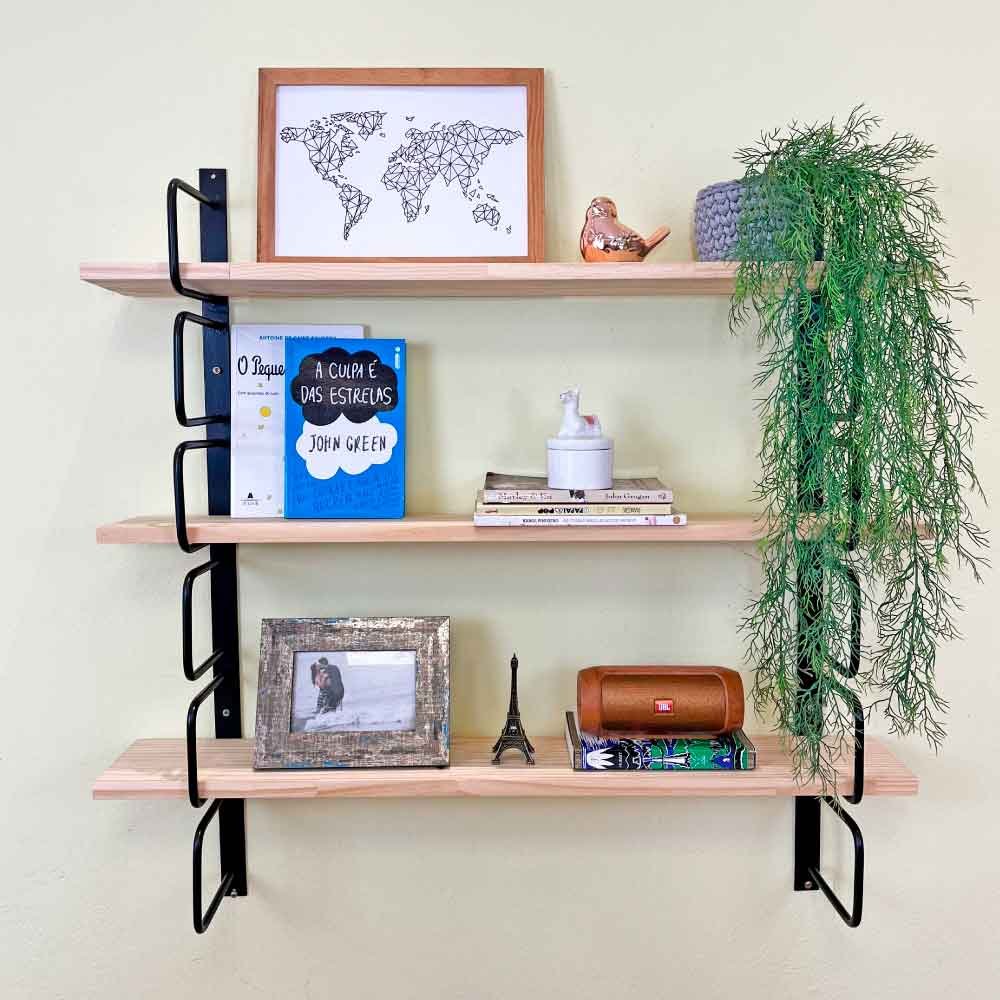 Prateleira de Parede Bracket 3 Prateleiras Industrial 90cm Natural e Preto