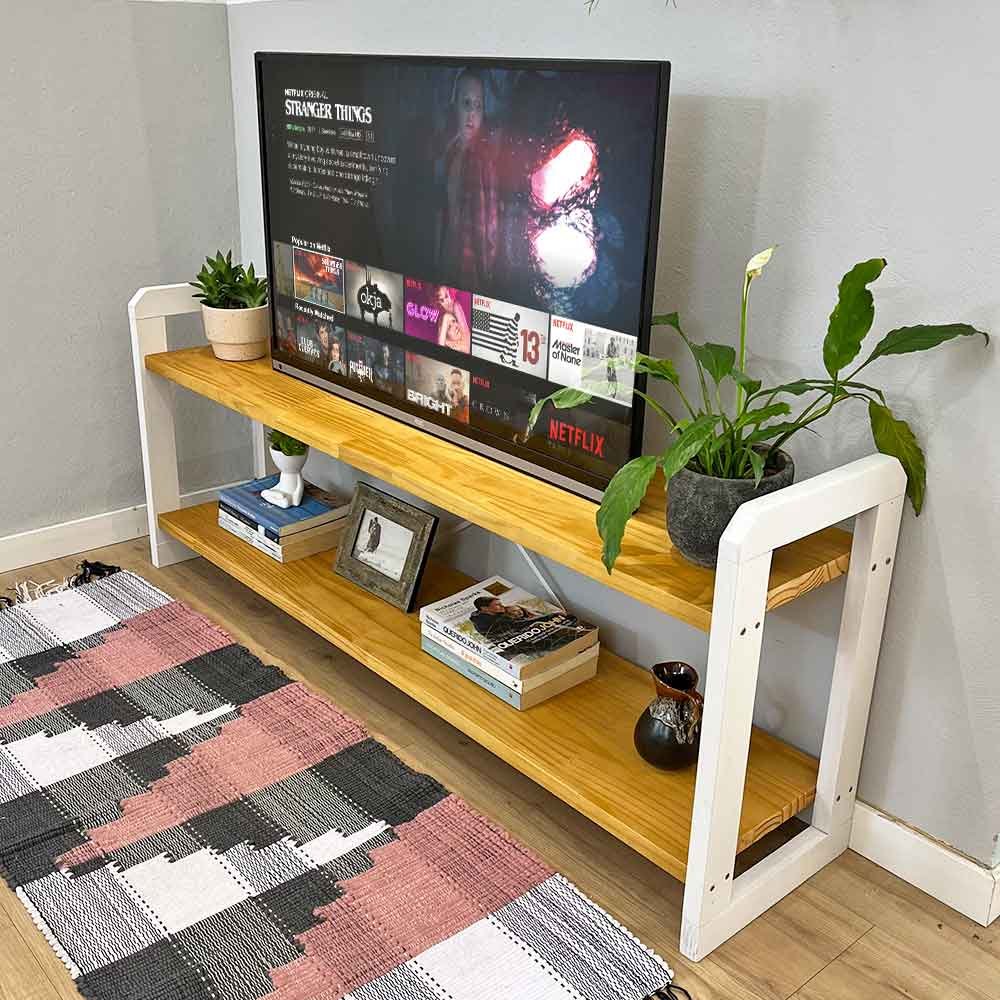 Rack de TV de Madeira Pinus Linea Nozes e Branco