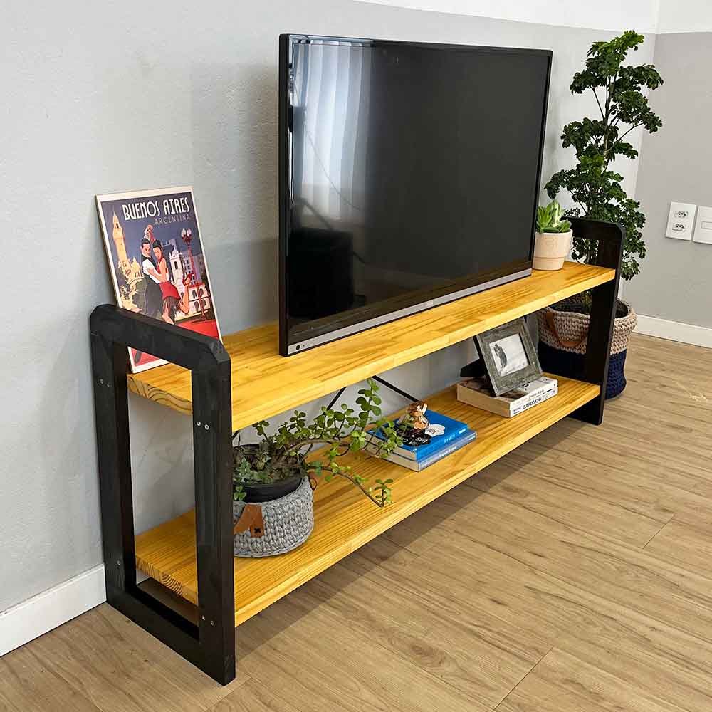 Rack de TV de Madeira Pinus Linea Nozes e Preto