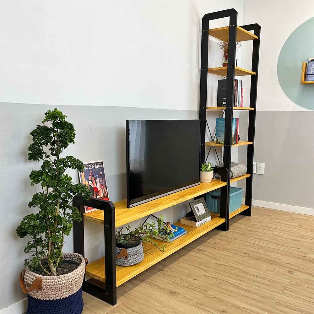 Rack de TV de Madeira Pinus com Estante 6 Prateleiras Slim Linea Nozes ...
