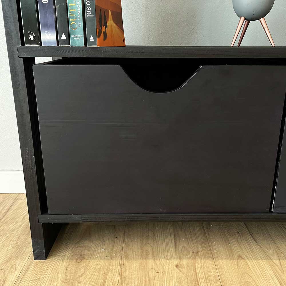 Aparador de Madeira Pinus Linea de 3 Prateleiras Ample com 2 Gavetas Preto