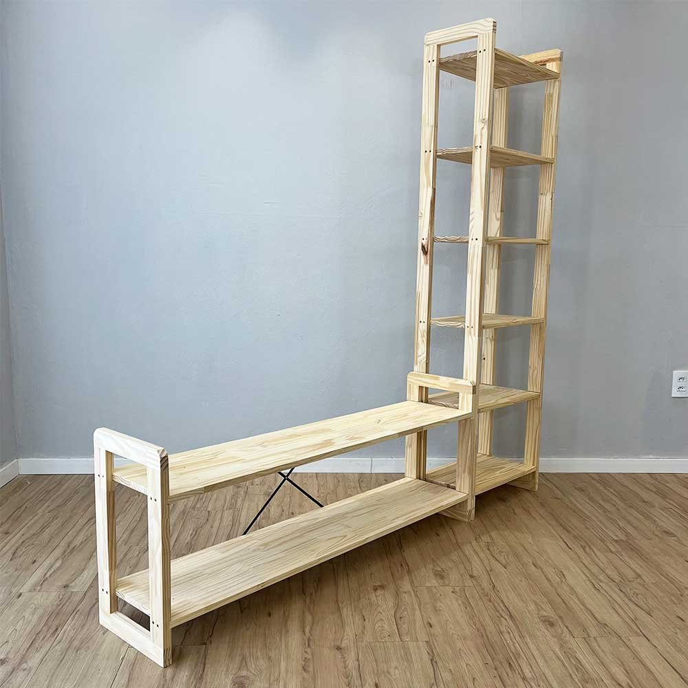 Rack de TV de Madeira Pinus com Estante 6 Prateleiras Slim Linea Natural