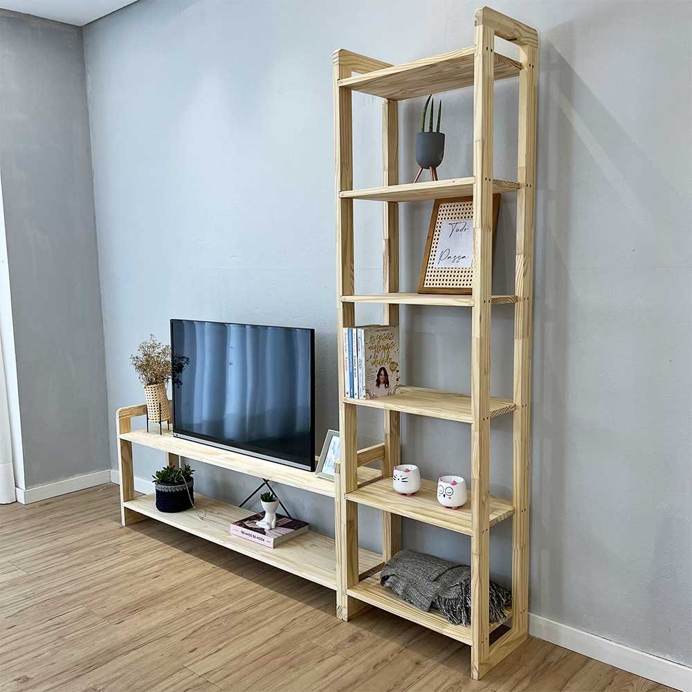 Rack de TV de Madeira Pinus com Estante 6 Prateleiras Slim Linea Natural
