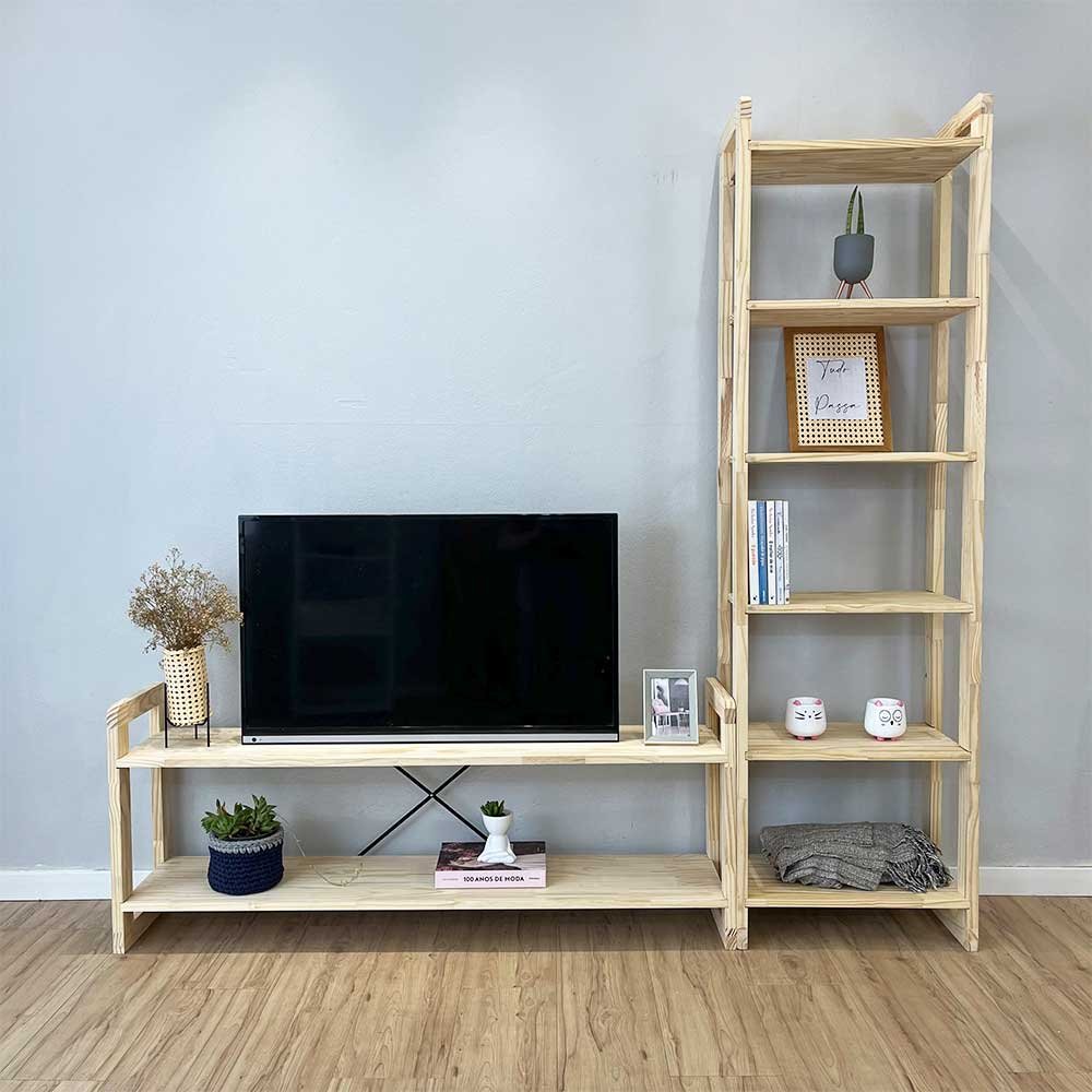 Rack de TV de Madeira Pinus com Estante 6 Prateleiras Slim Linea Natural
