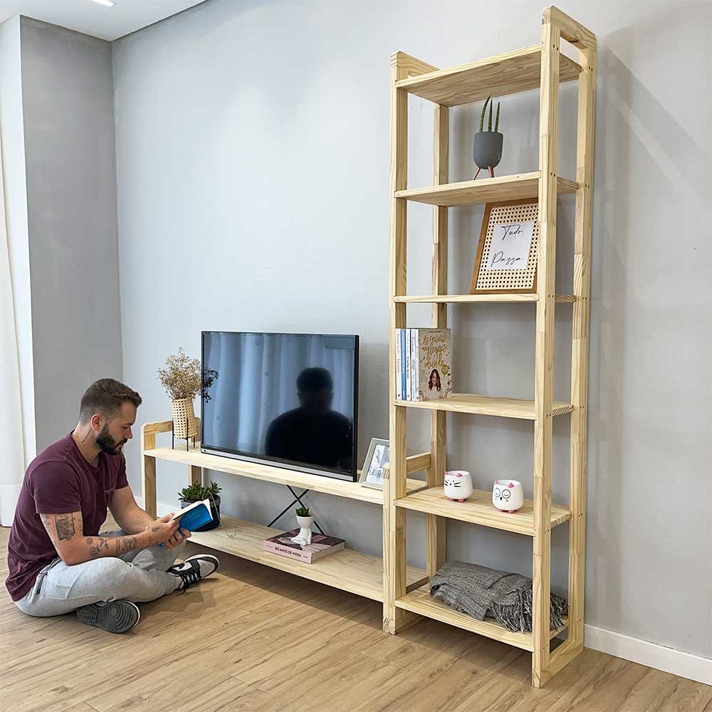 Rack de TV de Madeira Pinus com Estante 6 Prateleiras Slim Linea Natural