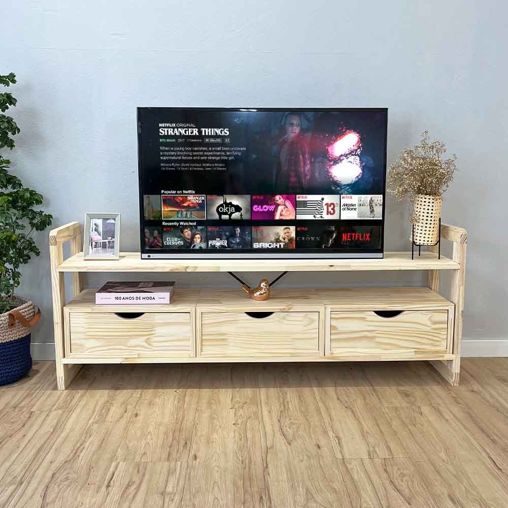 Rack de TV de Madeira Pinus Linea com 3 Gavetas Natural