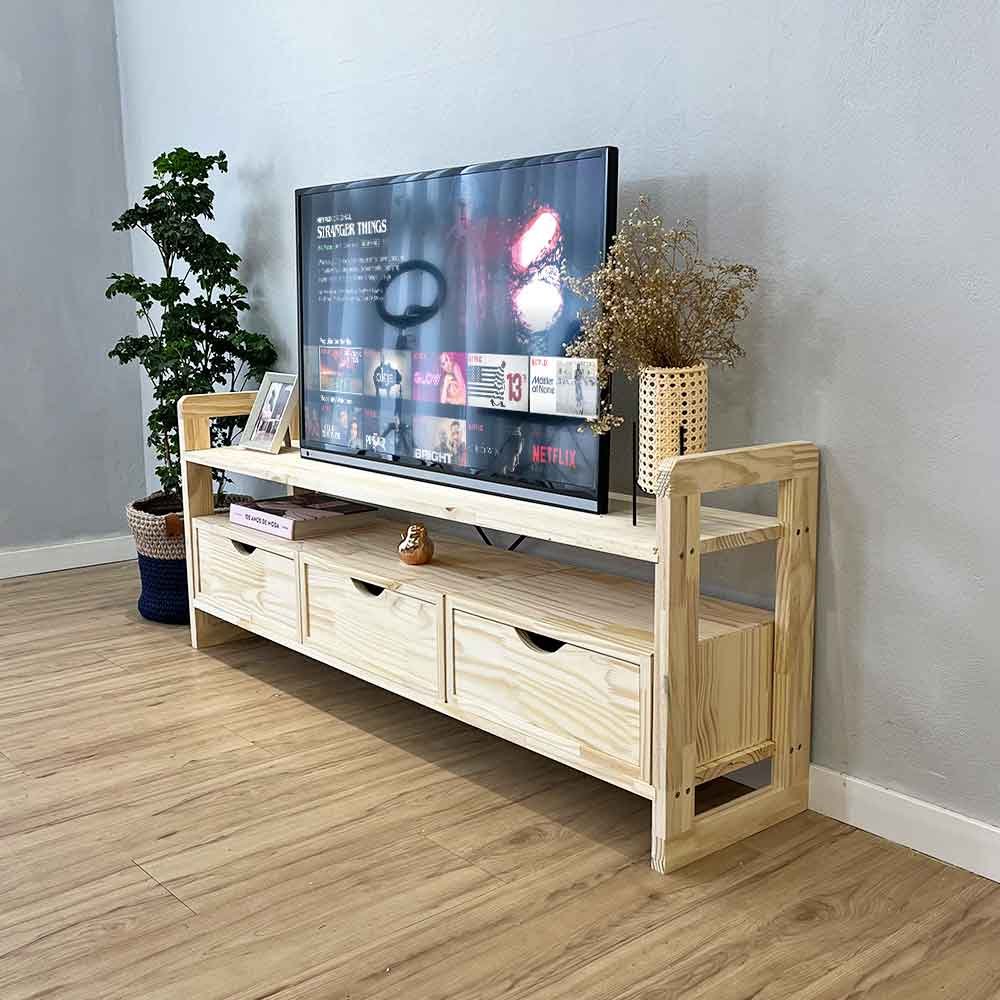 Rack de TV de Madeira Pinus Linea com 3 Gavetas Natural
