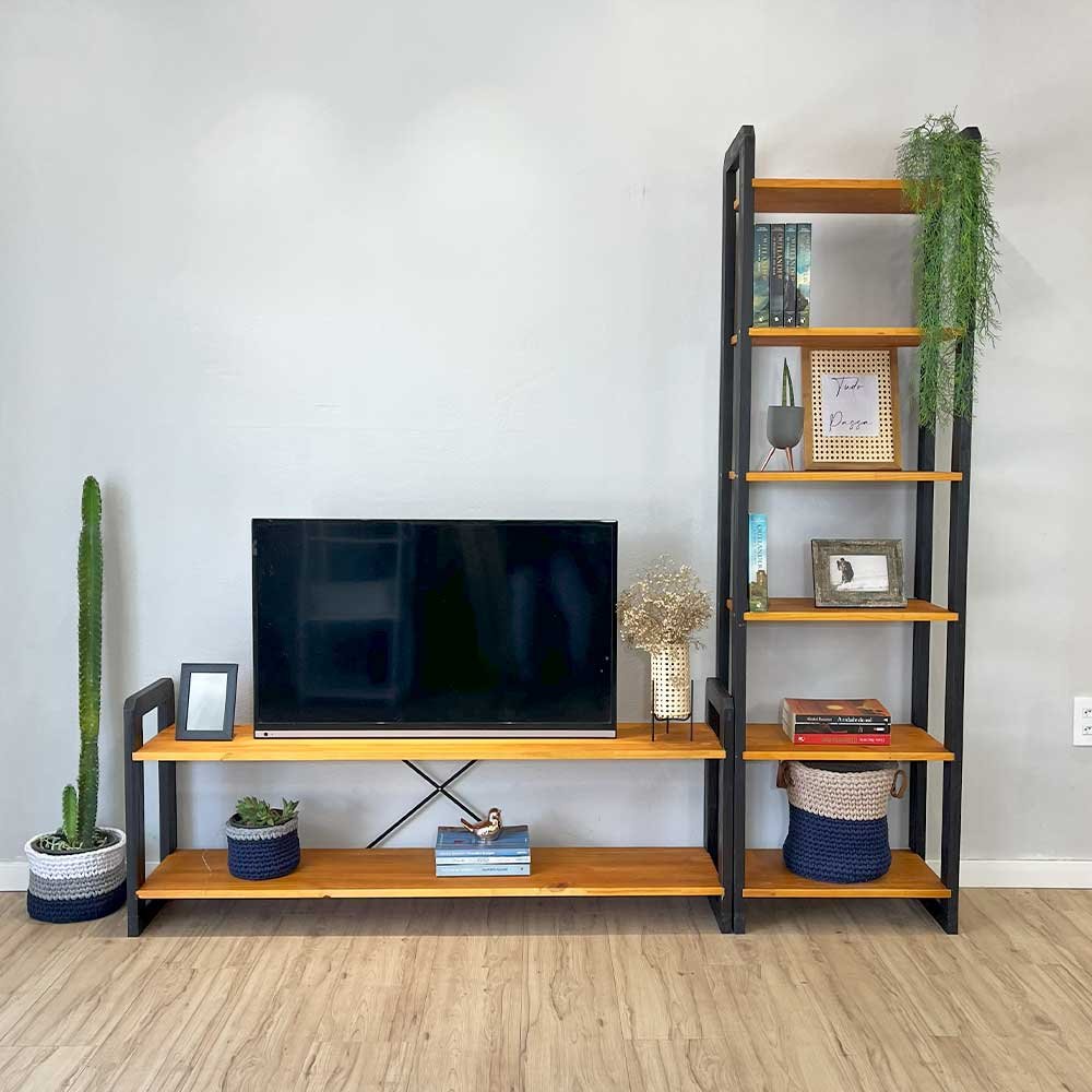 Rack de TV de Madeira Pinus com Estante 6 Prateleiras Slim Linea ...