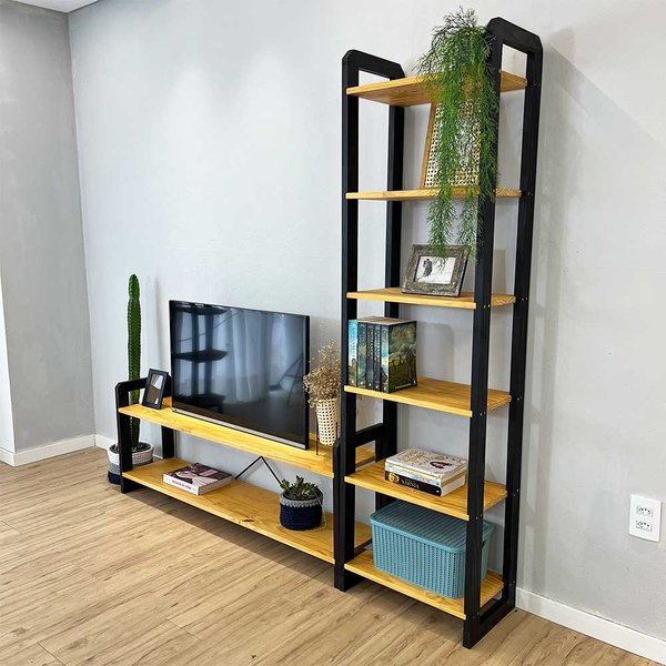 Rack de TV de Madeira Pinus com Estante 6 Prateleiras Slim Linea Nozes ...