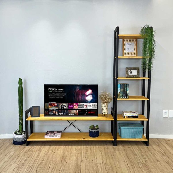 Rack de TV de Madeira Pinus com Estante 6 Prateleiras Slim Linea Nozes ...