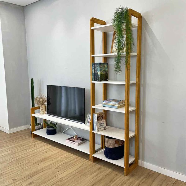 Rack de TV de Madeira Pinus com Estante 6 Prateleiras Slim Linea Branco ...