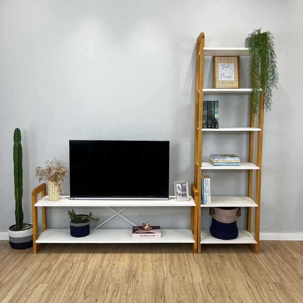Rack de TV de Madeira Pinus com Estante 6 Prateleiras Slim Linea Branco ...